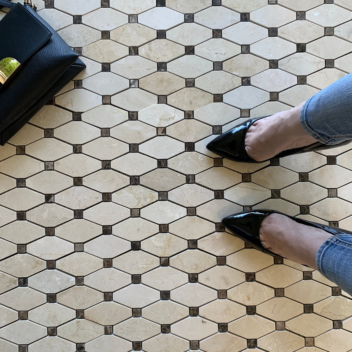 Elongated Octagon Waterjet Mosaic Crema Marfil & Dark Emperador – All ...